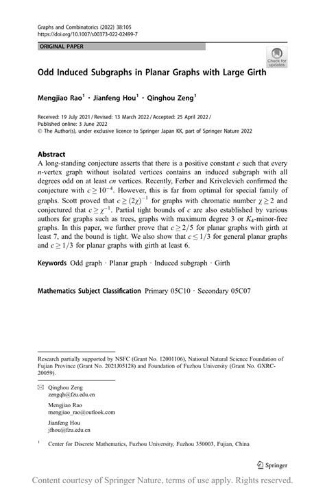 Odd Induced Subgraphs In Planar Graphs With Large Girth Request Pdf