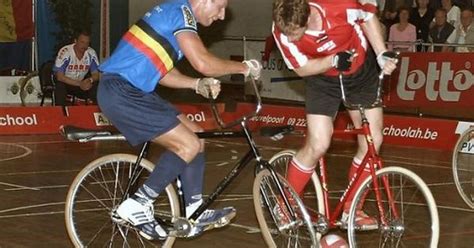 this photo is of a sport called cycle ball this sport is off the