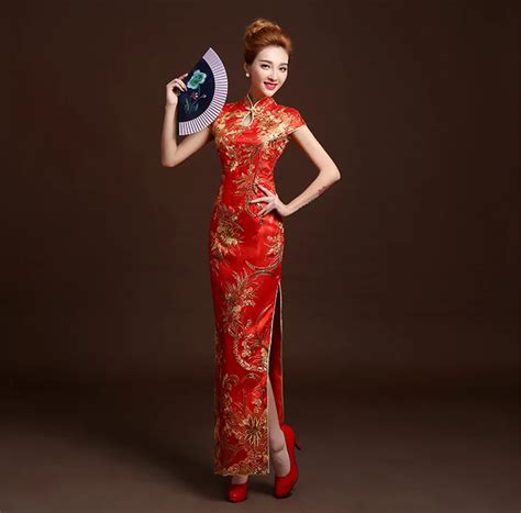 Red Cheongsam Dress Long Mermaid Qipao Dresses Phoenix Lace Traditional