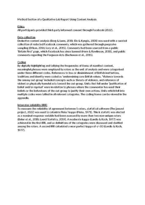 Method Section Of A Qualitative Lab Report Using Content Analysis Psyu9sp Method Section Of A