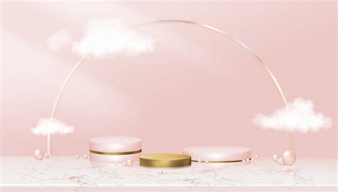 핑크와 옐로우 골드 실린더 스탠드에 진주와 구름 로즈 골드 호일 대리석 무대 받침대 플랫폼 제품 프리젠 테이션 화장품 또는 스파 쇼케이스에 대한 벡터 사실3d 광고에 대한