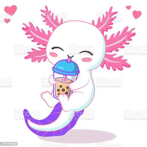 카와이 Axolotl 마시는 보바 밀크티 만화 벡터 일러스트레이션 국수에 대한 스톡 벡터 아트 및 기타 이미지 국수 귀여운