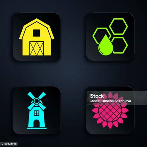 세트 해바라기 농장 집 개념 풍차와 벌집 검은색 사각형 버튼입니다 벡터 0명에 대한 스톡 벡터 아트 및 기타 이미지 0명 검은색 고풍스런 Istock