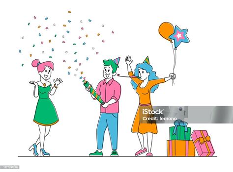 귀여운 쾌활한 소녀는 그녀의 생일을 위해 친구 서프라이즈 파티에 놀랐다 풍선을 들고 축제 모자의 문자 생일에 대한 스톡 벡터