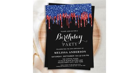 Elegant Red Blue Glitter Drips Patriotic Birthday Invitation Zazzle