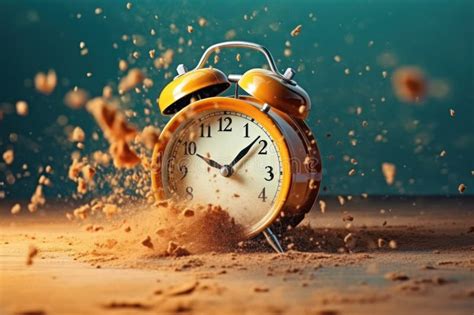 Wake Up Concept Featuring A Vintage Alarm Clock Ringing Exploding To Pieces Creating Burst