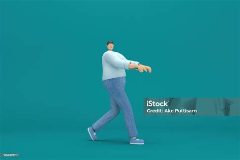 청바지와 긴 셔츠를 입은 만화 캐릭터 그는 말할 때 몸과 손의 표현입니다 연기의 3d 렌더링 3차원 형태에 대한 스톡 사진 및