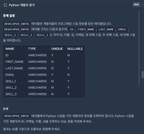 프로그래머스 Mysql Lv1 Python 개발자 찾기