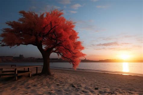 Uma árvore na praia um pôr do sol ao fundo Foto Premium