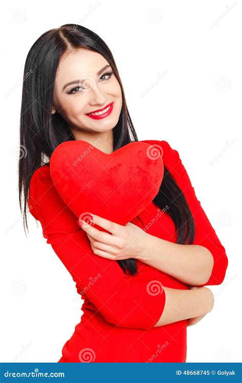 Portrait Of A Beautiful Woman With Red Heart In Hands Stock Image