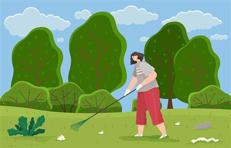 ตัวละครหญิงกําลังกําจัดขยะพลาสติกและกระดาษด้วยคราดในสวนสาธารณะหรือทุ่งหญ้าในฤดูใบไม้ผ ภาพประกอบ