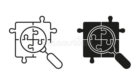 Puzzle Parts With Magnifier Line And Silhouette Icon Set Teamwork
