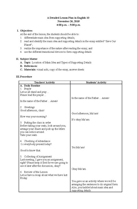 A Detailed Lesson Plan In English 10 Main Idea And Supporting Details A Detailed Lesson Plan