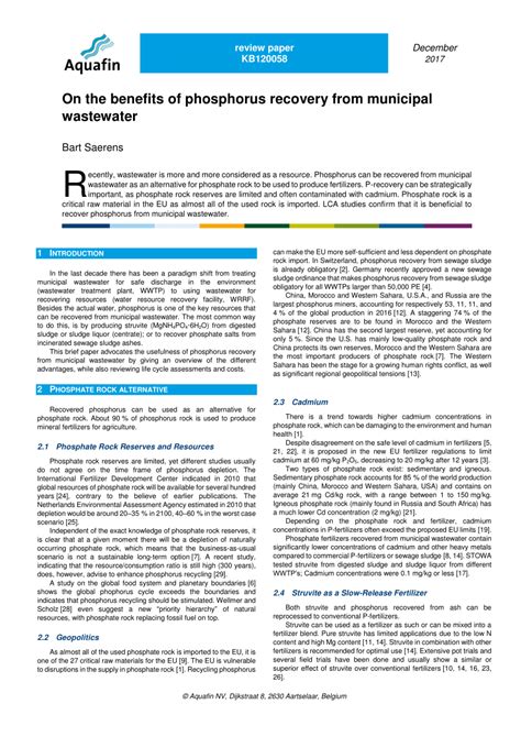 Pdf On The Benefits Of Phosphorus Recovery From Municipal Wastewater