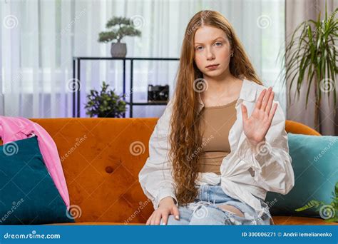 Angry Teen Girl Say No Hold Palm Folded Crossed Hands Warning Of Finish Stop Gesture Declining