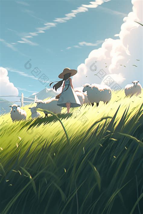 天空青草迎风的少女高清图片下载 包图网