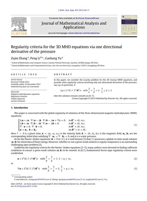 Pdf Regularity Criteria For The 3d Mhd Equations Via One Directional