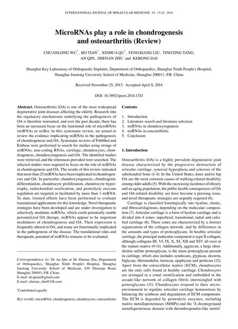 Pdf Micrornas Play A Role In Chondrogenesis And Osteoarthritis Review