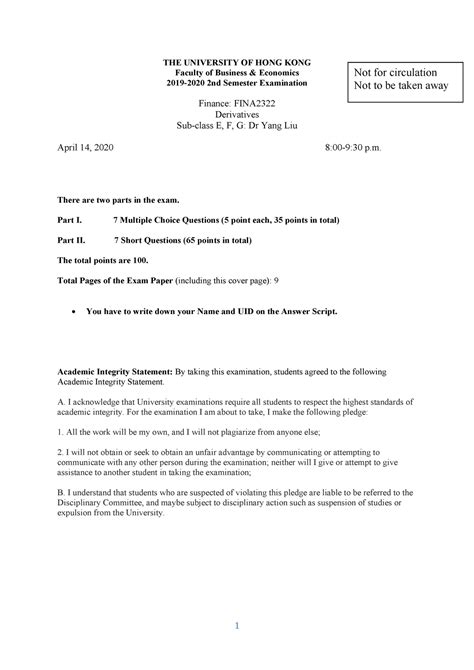Midterm 1 March 2019 Answers The University Of Hong Kong Faculty Of