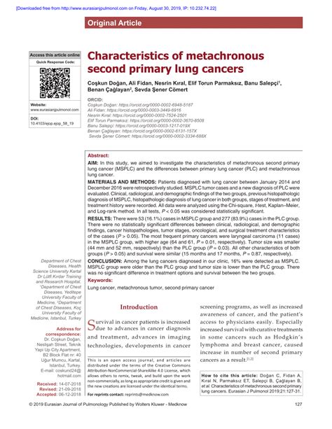 Pdf Characteristics Of Metachronous Second Primary Lung Cancers