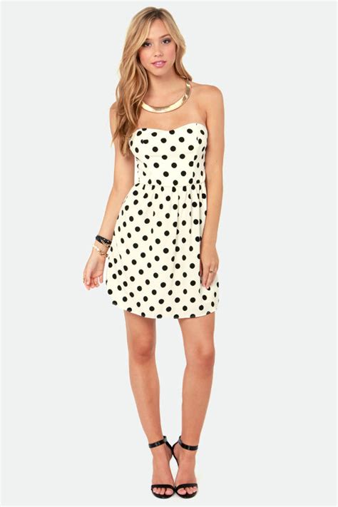 Cute Polka Dot Dress Ivory Dress Strapless Dress 4200
