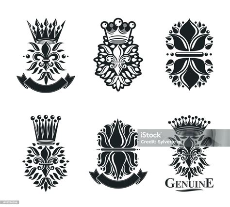 릴리 꽃 로얄 기호 꽃 및 크라운 엠 블 럼 설정합니다 팔의 문장 학 외 투 장식 기호가 절연된 벡터 일러스트 컬렉션입니다 0명에 대한 스톡 벡터 아트 및 기타 이미지