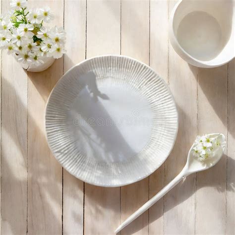 White Ceramic Plate Mockup Blank Template Of Dish On Table Stock