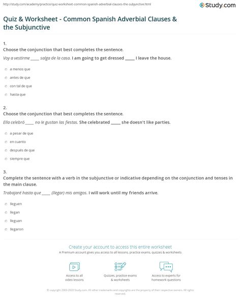 Quiz And Worksheet Common Spanish Adverbial Clauses And The Subjunctive