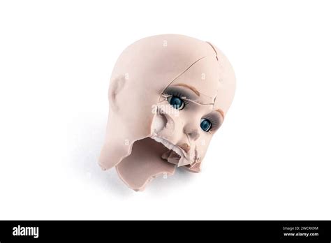 Broken Vintage Doll Head Isolated On White Background With Clipping