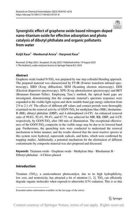 Synergistic Effect Of Graphene Oxide Based Nitrogen Doped Nano Titanium Oxide For Effective
