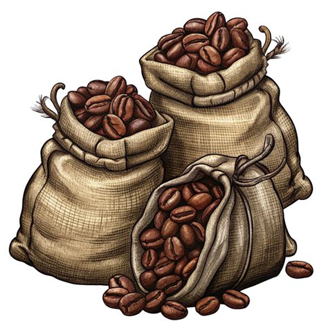 Hand Drawn Roasted Coffee Beans In Hemp Sacks 47937369 Png