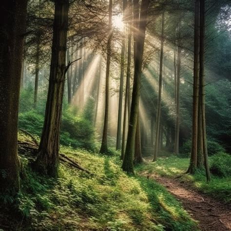 Rayos de sol en un bosque con árboles y el sol brillando a través de