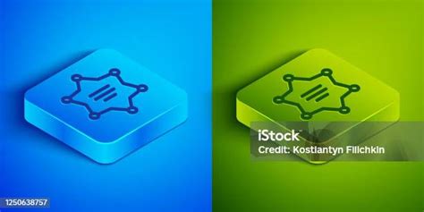 파란색과 녹색 배경에 격리 된 등색 라인 헥사그램 보안관 아이콘 경찰 배지 아이콘 정사각형 버튼입니다 벡터 일러스트레이션 개척시대의 서부에 대한 스톡 벡터 아트 및 기타