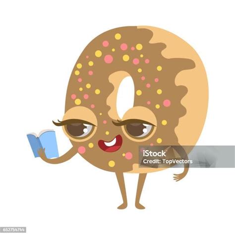 초콜릿 도넛 독서 책 귀여운 애니메이션 인간화 만화 음식 캐릭터 이모티콘 벡터 일러스트 귀여운에 대한 스톡 벡터 아트 및 기타