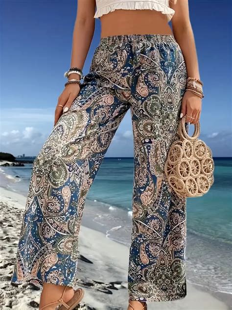 Paisley Print Wide Leg Pants Boho Elastic Waist Long Length Temu