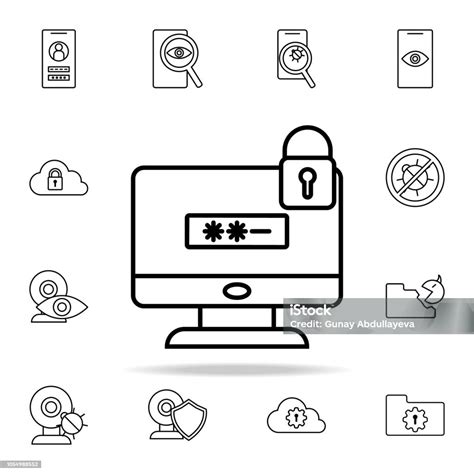 잠금 비밀 번호 Pc 아이콘으로 웹 및 모바일에 대 한 보편적인 바이러스 바이러스 백신 아이콘 설정 0명에 대한 스톡 벡터 아트