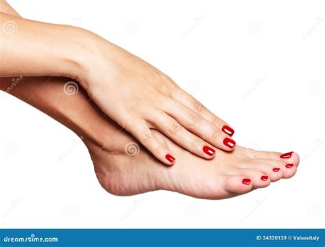 Closeup Photo Of A Female Feet With Beautiful Red Pedicure Stock Image