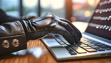 Gloved Hands Typing On Laptop Keyboard During A Password Breach Stock