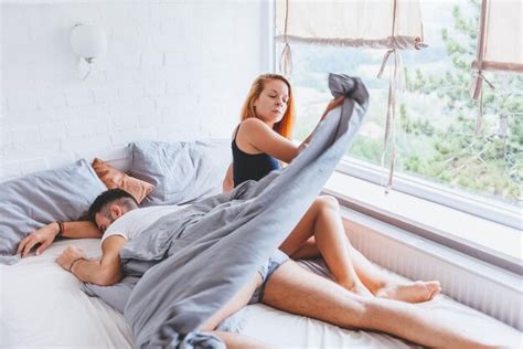 Premium Photo Young Female Woke Up In Bed Angry Cause A Male Took A Sheet