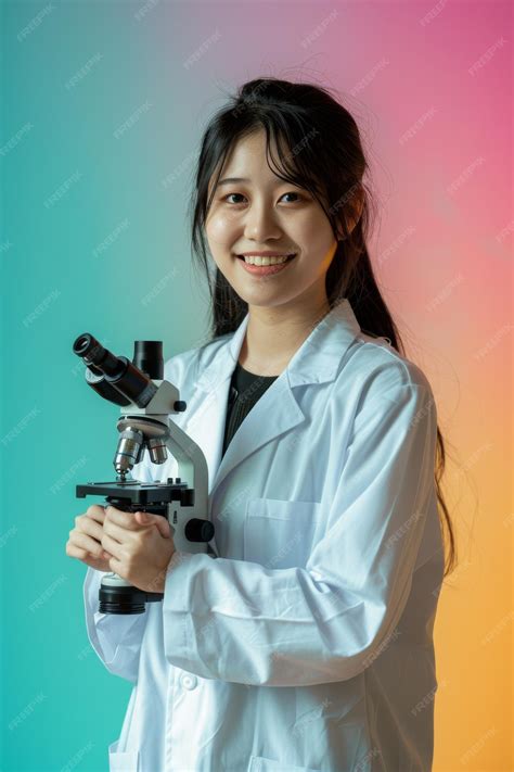 Premium Photo A Young Woman In A Lab Coat Holds A Microscope In Front