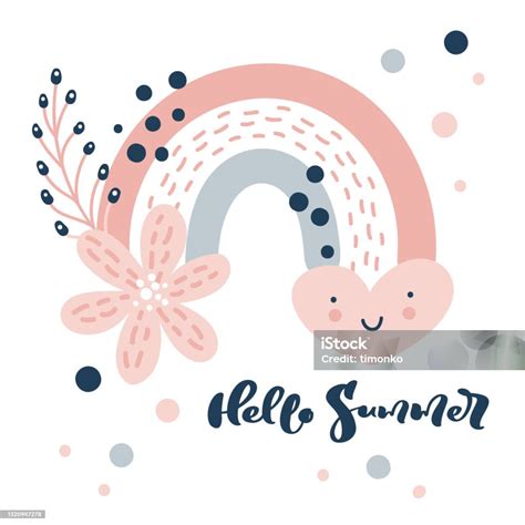 만화 스칸디나비아 스타일의 텍스트 안녕하세요 여름과 아이들을위한 흰색 배경에 고립 꽃다발을 통해 하트와 비 점이있는 포스터 벡터