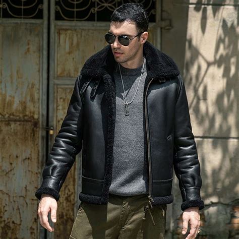 Sheepskin Shearling Jacket Mens Detachable Hooded B3 Bomber Jacket Men Shearling Fur Coat Black