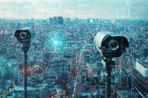 Surveillance Cameras Monitoring A Cityscape With Digital Overlays Premium Ai Generated Image