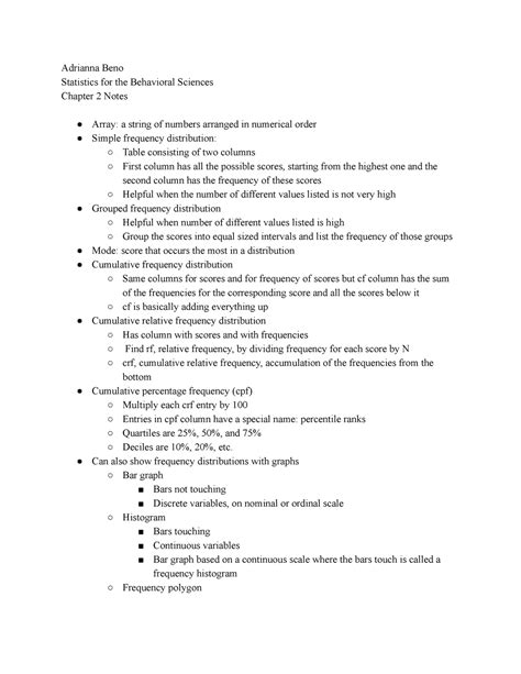 Chapter 2 Notes Adrianna Beno Statistics For The Behavioral Sciences Chapter 2 Notes Array A