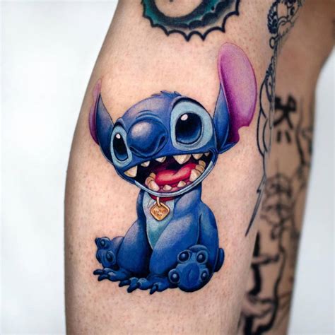 Stitch Tattoo Located On The Calf Cartoon Style