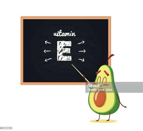 칠판 앞에서 비타민 E에 대해 이야기 귀여운 만화 아보카도 과일 0명에 대한 스톡 벡터 아트 및 기타 이미지 0명 가리키기