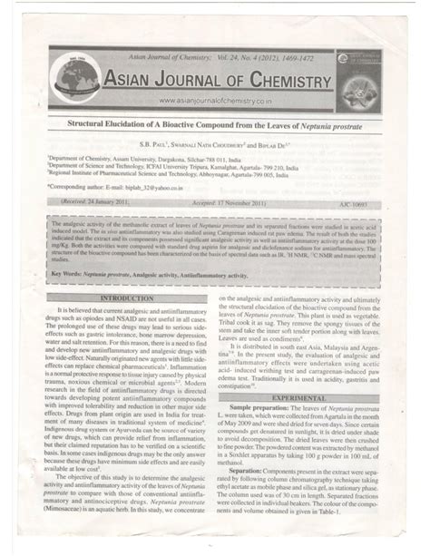 Pdf Structural Elucidation Of A Bioactive Compound From The Leaves Of Neptunia Prostrate
