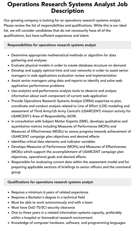 Operations Research Systems Analyst Job Description Velvet Jobs