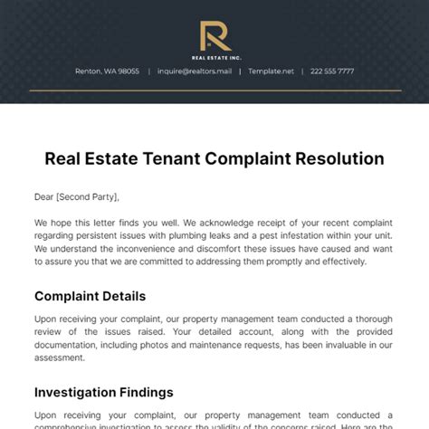 Free Real Estate Tenant Complaint Resolution Template To Edit Online