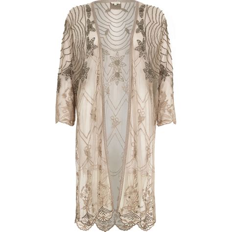 River Island Beige Longline Embellished Kimono In Cream Gray Lyst